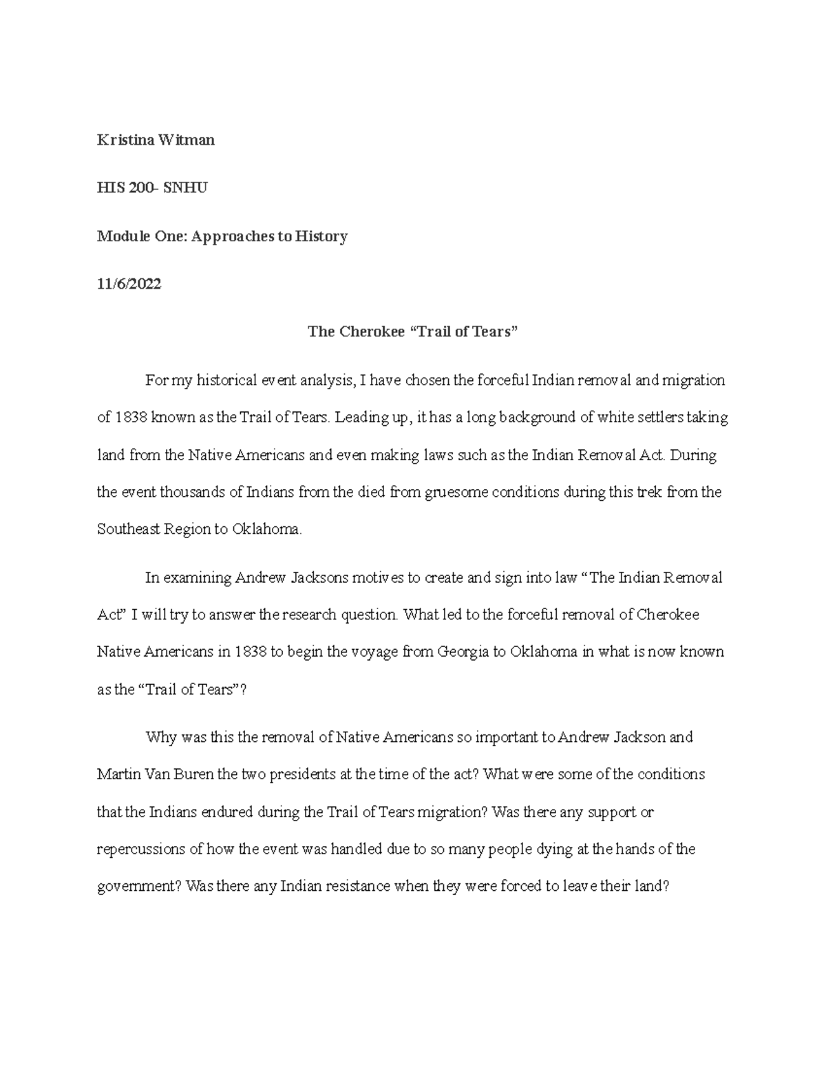 HIS 200: Trail of Tears Historical Analysis Writing Plan - Studocu