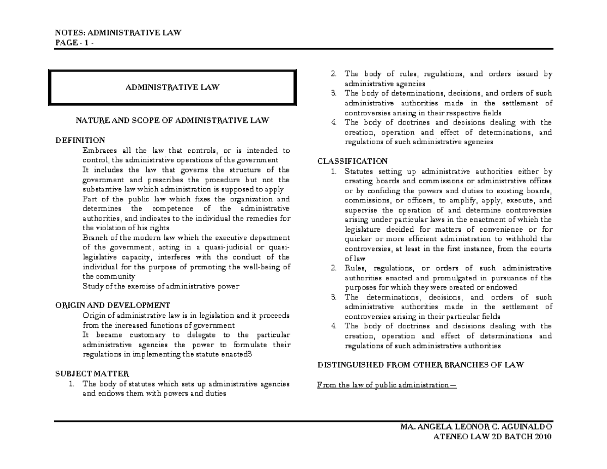 Administrative Law Notes: Nature, Scope, and Key Cases (LAW 2D) - Studocu