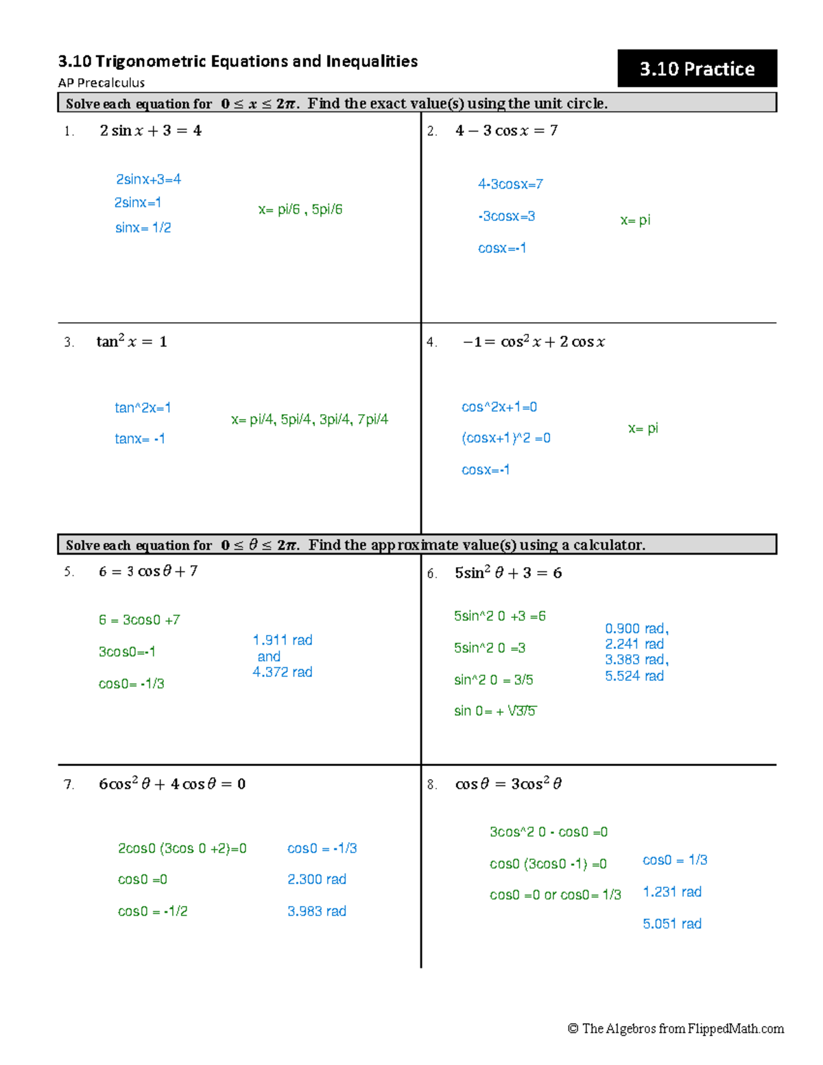 AP Precalculus Worksheet: Trigonometric Equations & Inequalities - Studocu