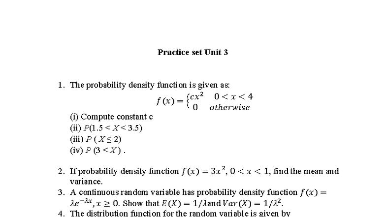 Practice Set Unit 3: Probability Density Functions & Normal Distribution - Studocu