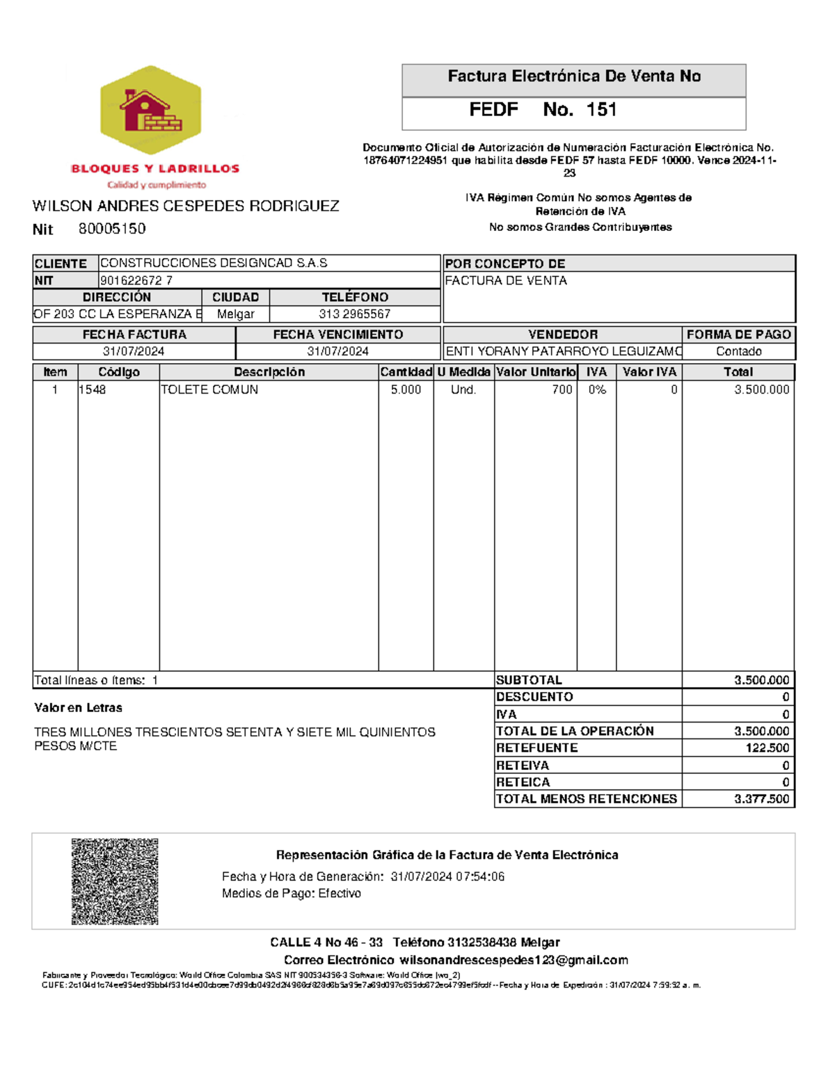 Factura Electrónica de Venta - NIT 80005150 - 31/07/2024 - Studocu