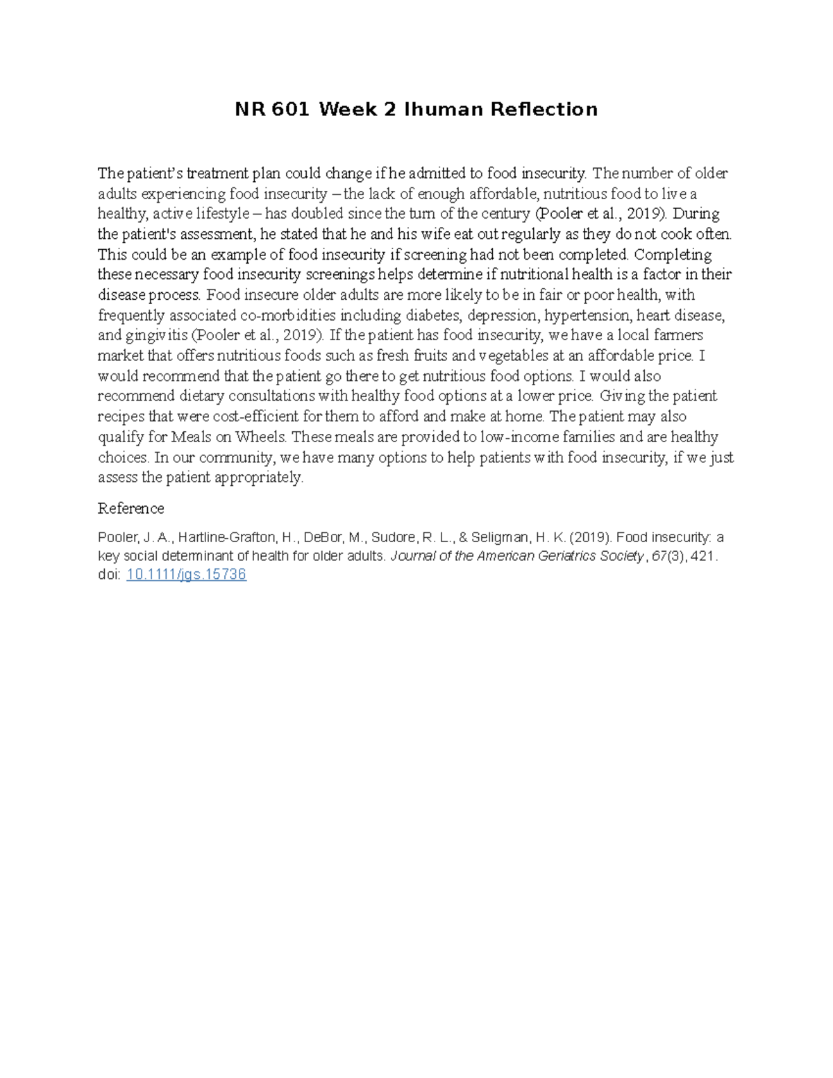 NR 601 Week 2 Reflection on Food Insecurity in Older Adults - Studocu