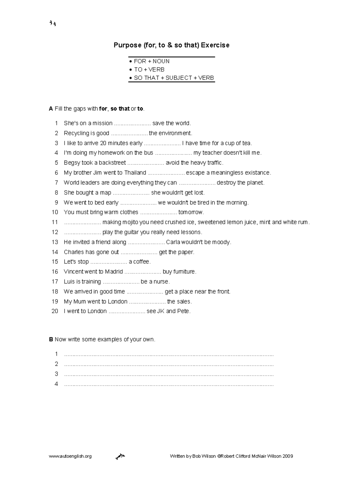 Grammar Exercise: Fill in the Gaps with For, To, or So That - Studocu