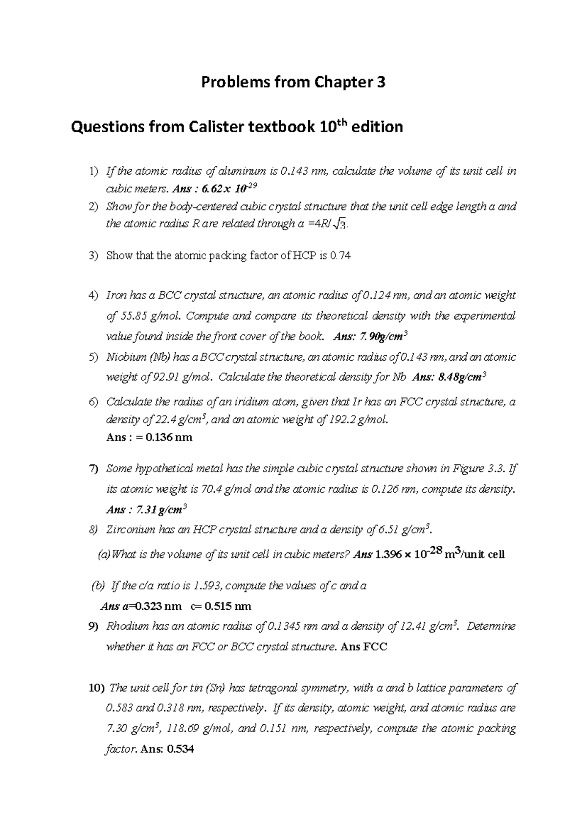 Chapter 3 - Problems from Chapter 3 Questions from Calister textbook ...