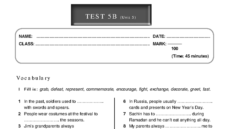 Smart Time 2 TEST 5B (Unit 5) - Vocabulary, Grammar, Reading ...