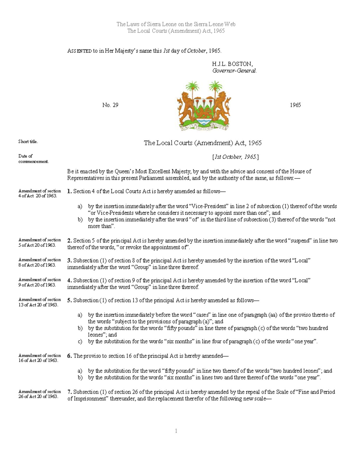 1965-29 - Amendments to The Local Courts Act of Sierra Leone - Studocu