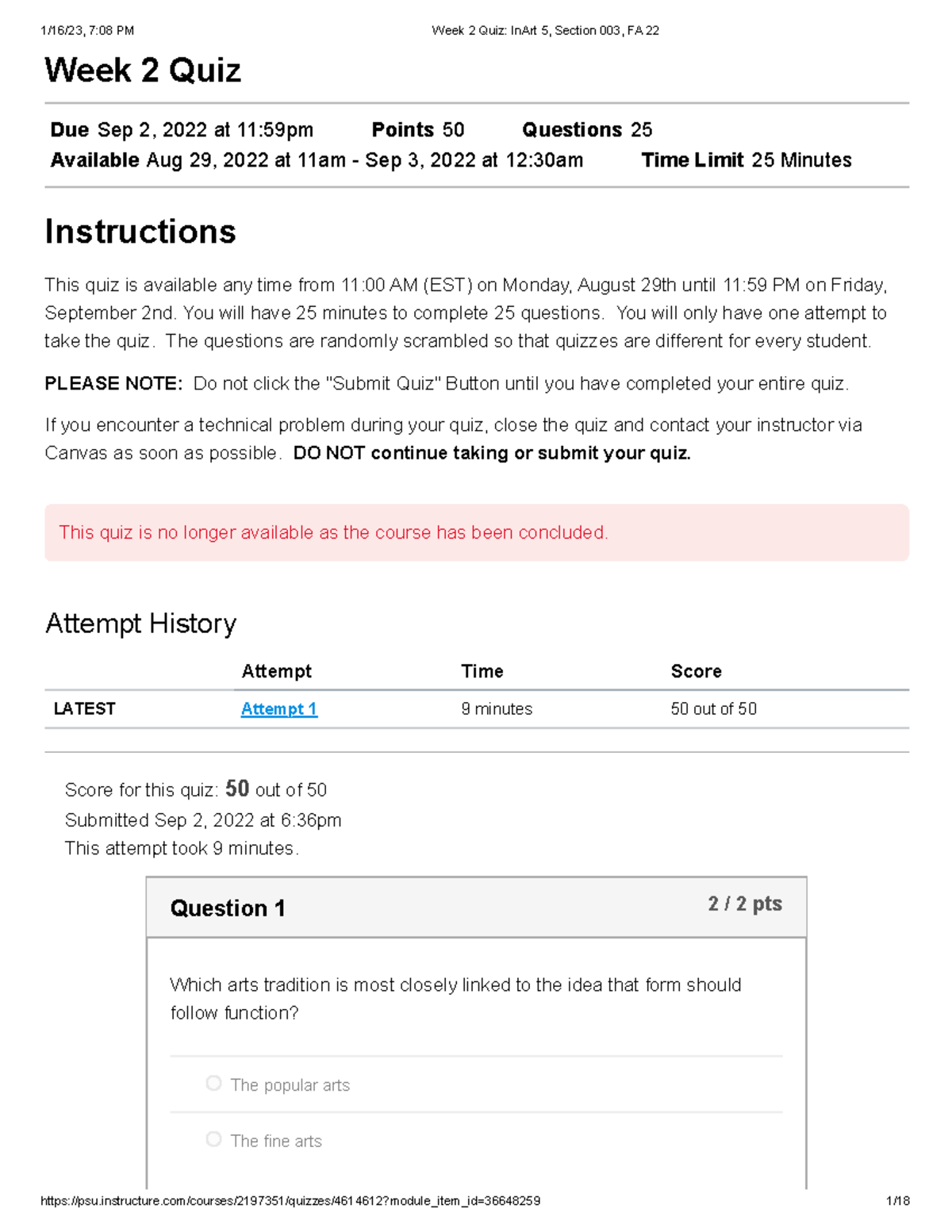 Week 2 Quiz Notes for ART 5, Sec 003, FA 22 - Score: 50/50 - Studocu
