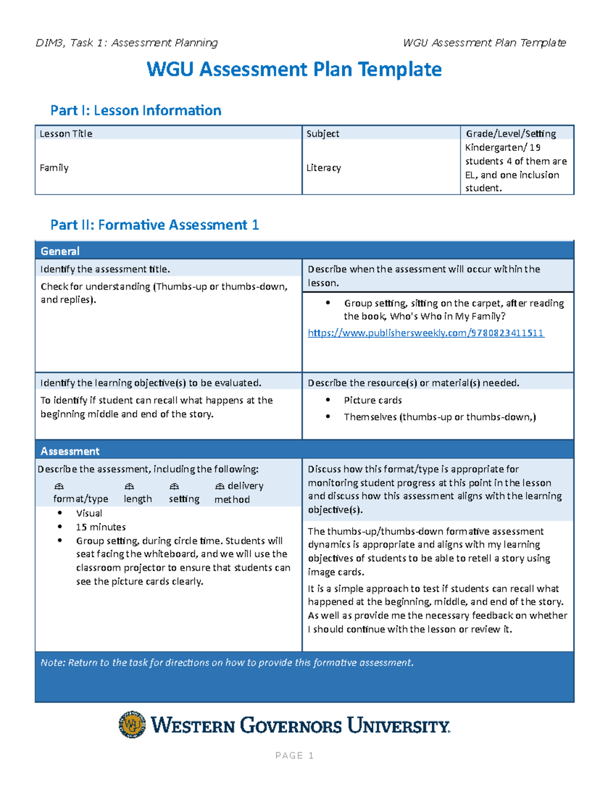 D093 Task1 Assessment Plan - WGU Assessment Plan Template Part I: Lesson Information Lesson ...