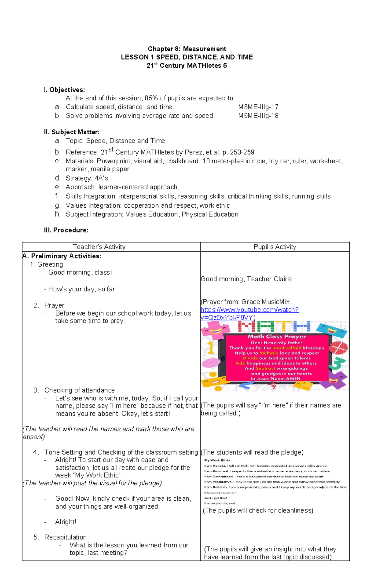DLP in Math 6 Speed Distance Time - Chapter 8: Measurement LESSON 1 ...