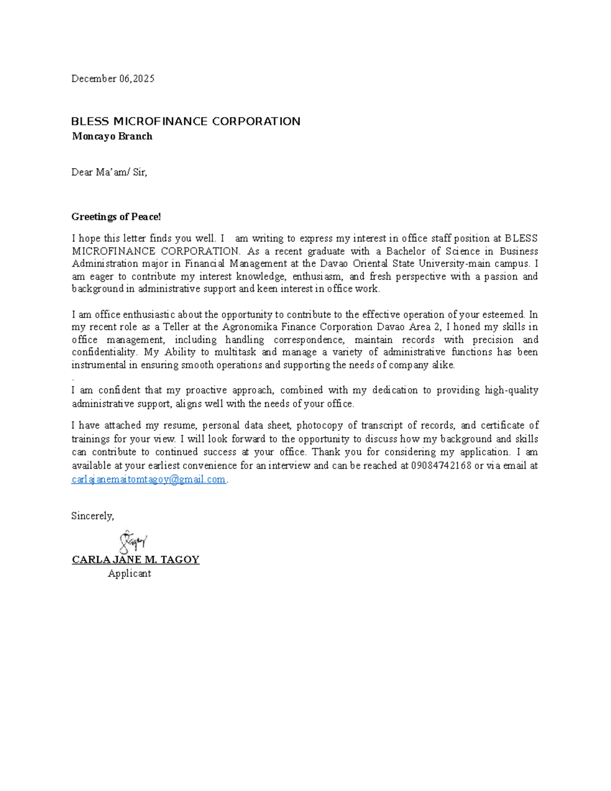 Carla Jane Tagoy Application for Office Staff Position - Studocu