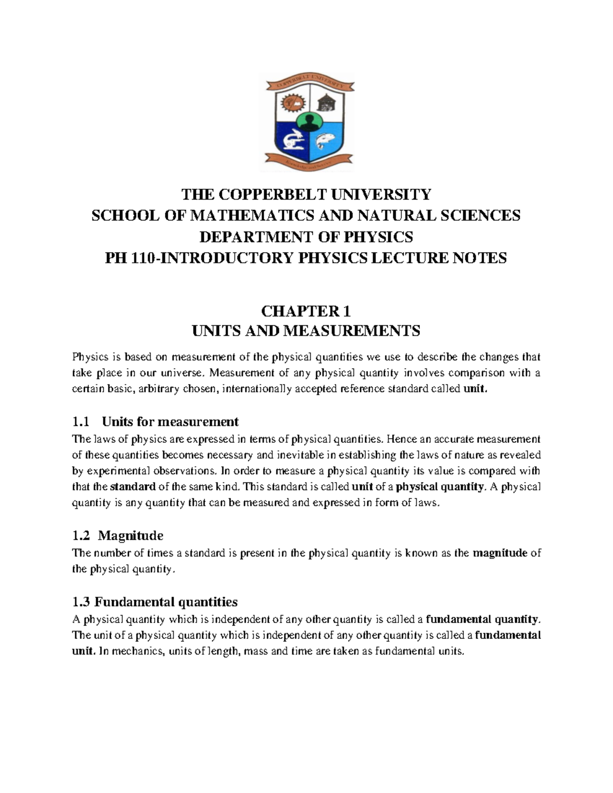 PH 110 Lecture Notes: Chapter 1 - Units and Measurements - Studocu