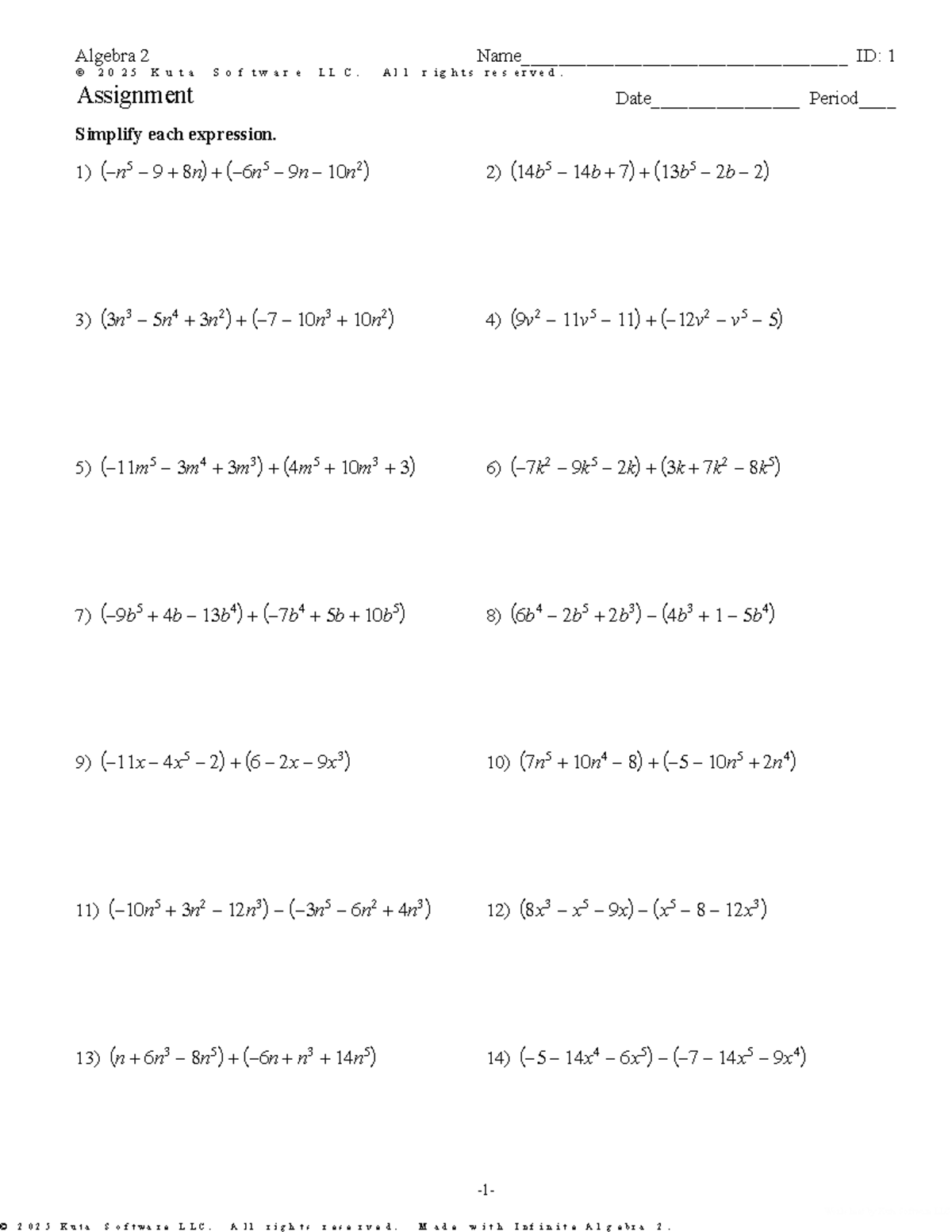 Algebra 2 ID: 1 - Assignment on Simplifying Expressions and Products ...