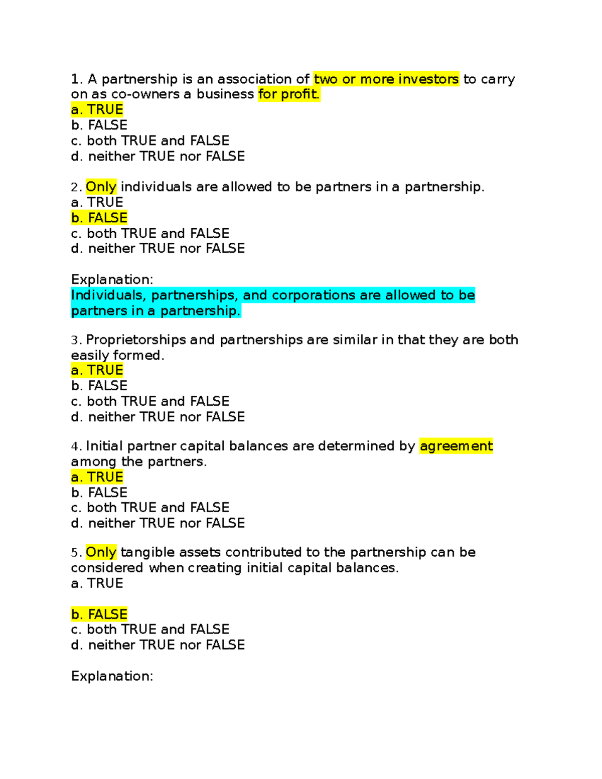 Partnership Accounting Questions: True/False Quiz and Calculations ...