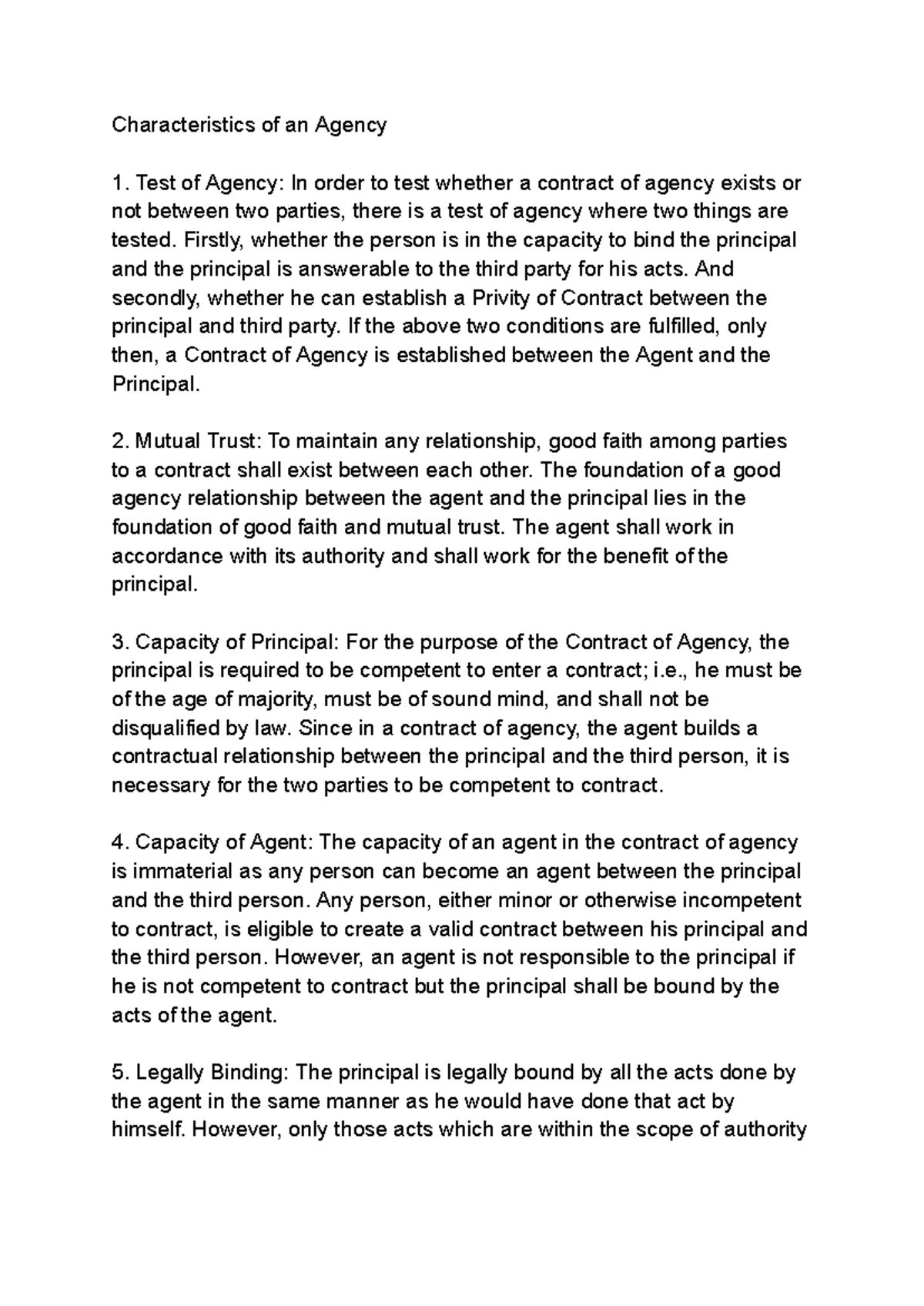 Characteristics of Agency - Characteristics of an Agency Test of Agency ...