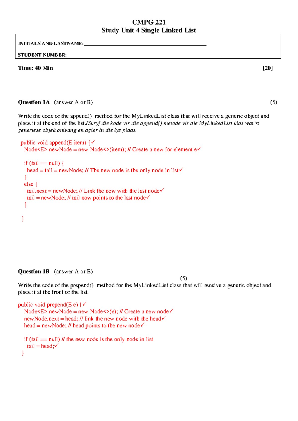 CMPG 221 Class Test 5 Memo: Linked List Implementation Practice - Studocu
