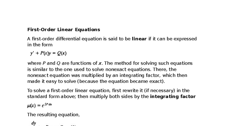 First-Order Linear Equations: Solving Differential Equations - Studocu