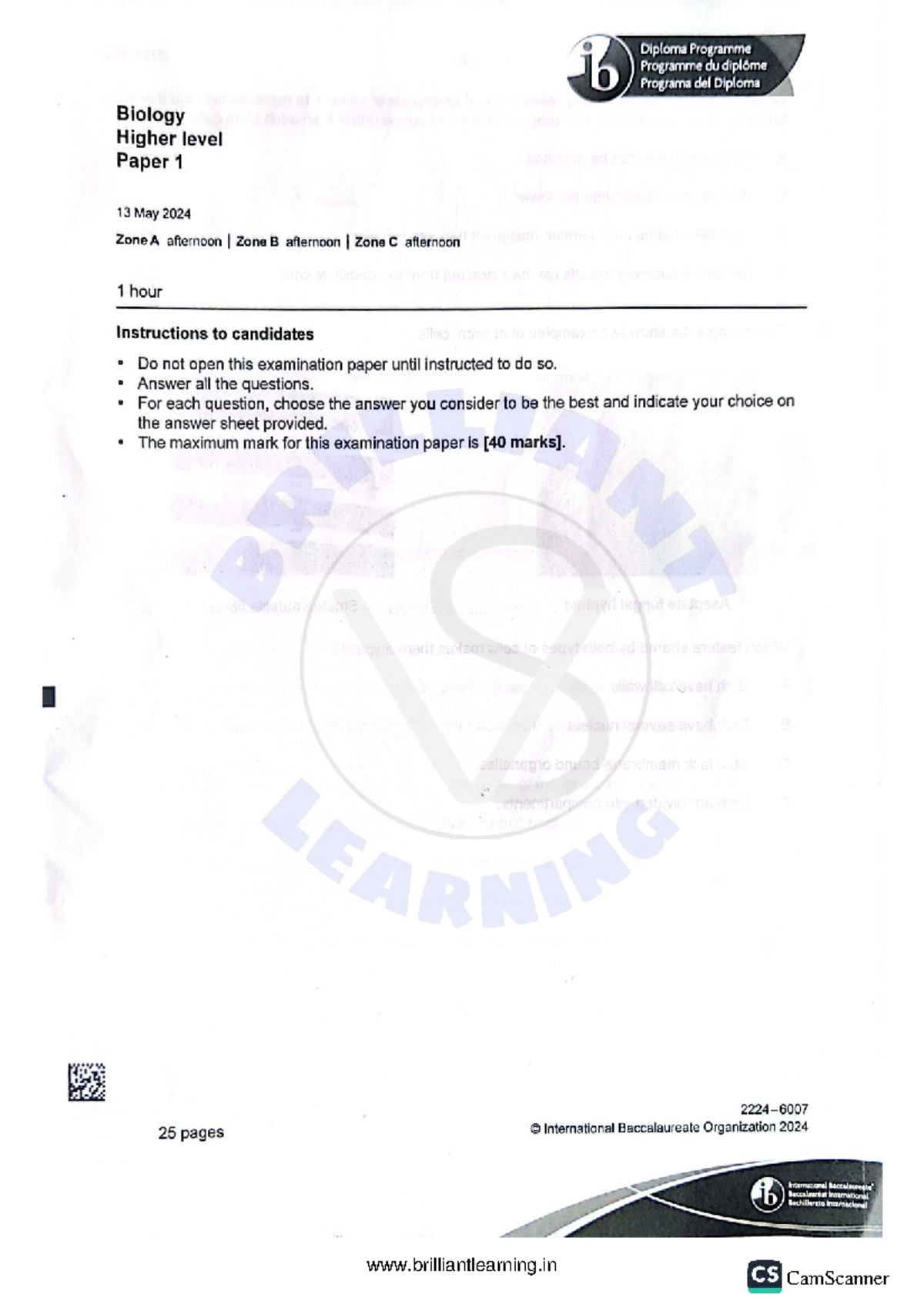 M24 Biology HL TZ1 P1 - IB Past Exam Paper May 2024 - Studocu
