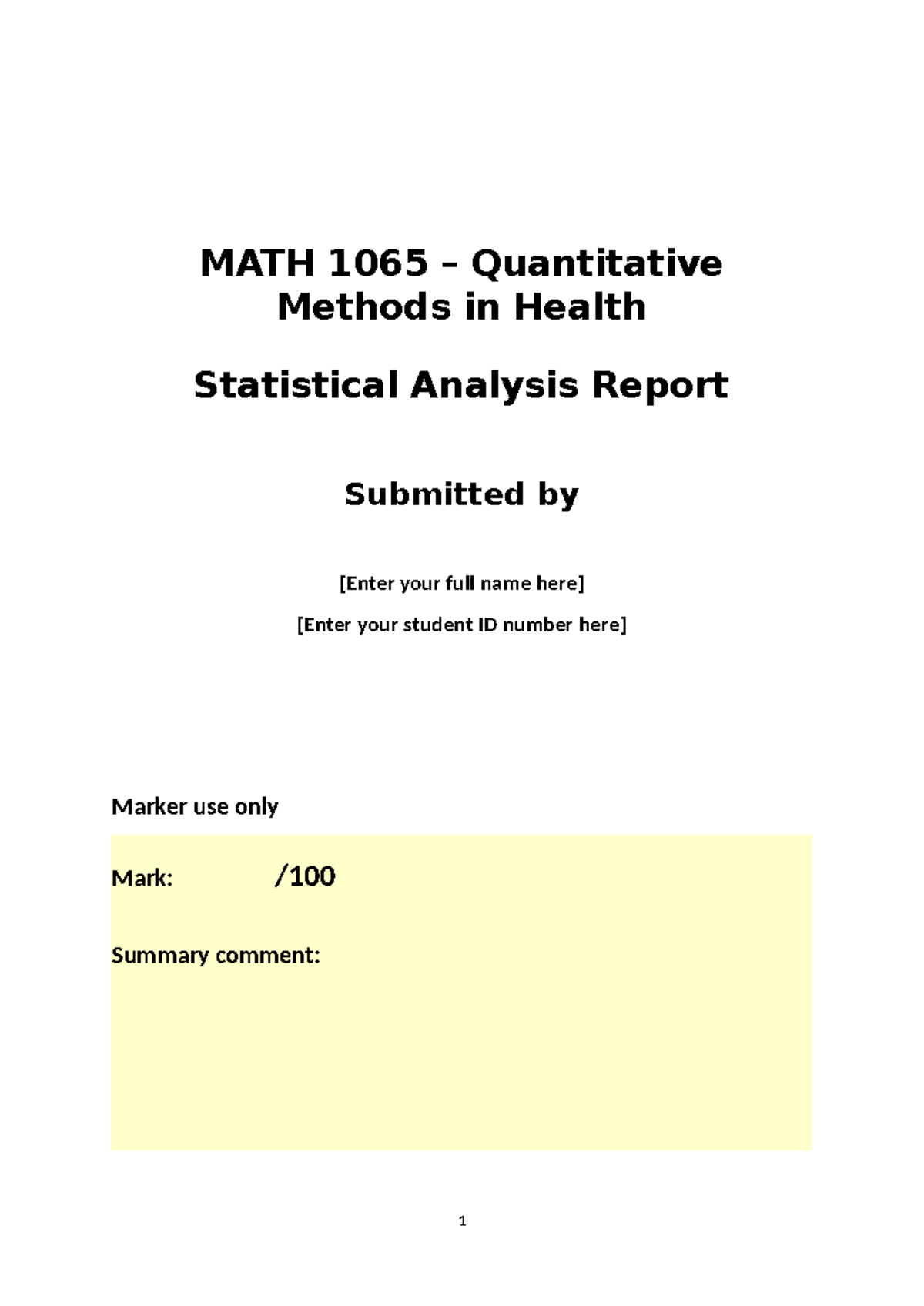 MATH 1065 – Statistical Analysis Report for Quantitative Methods - Studocu