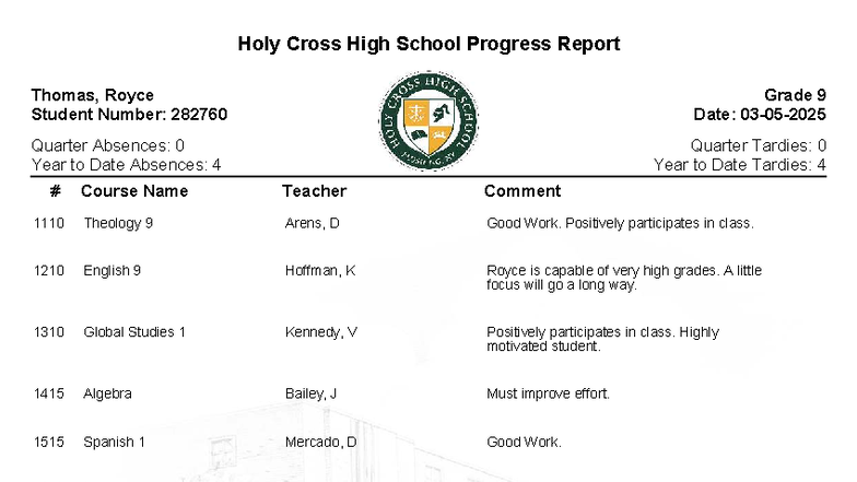 Progress Report for Royce Thomas - Grade 9 - Holy Cross High School - Studocu