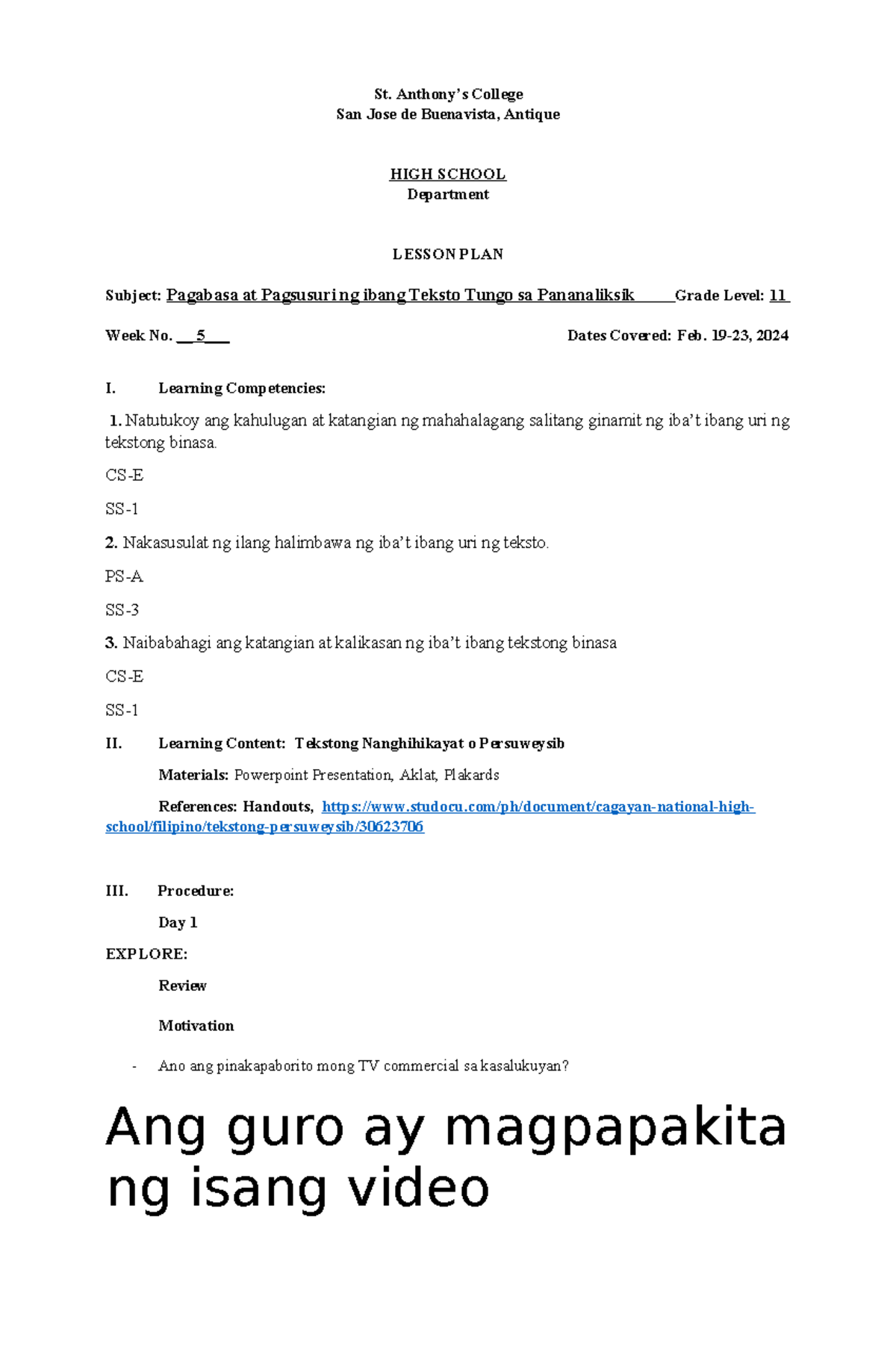 LP: Pagbasa at Pagsusuri ng Tekstong Panghihikayat - Grade 11 - Studocu