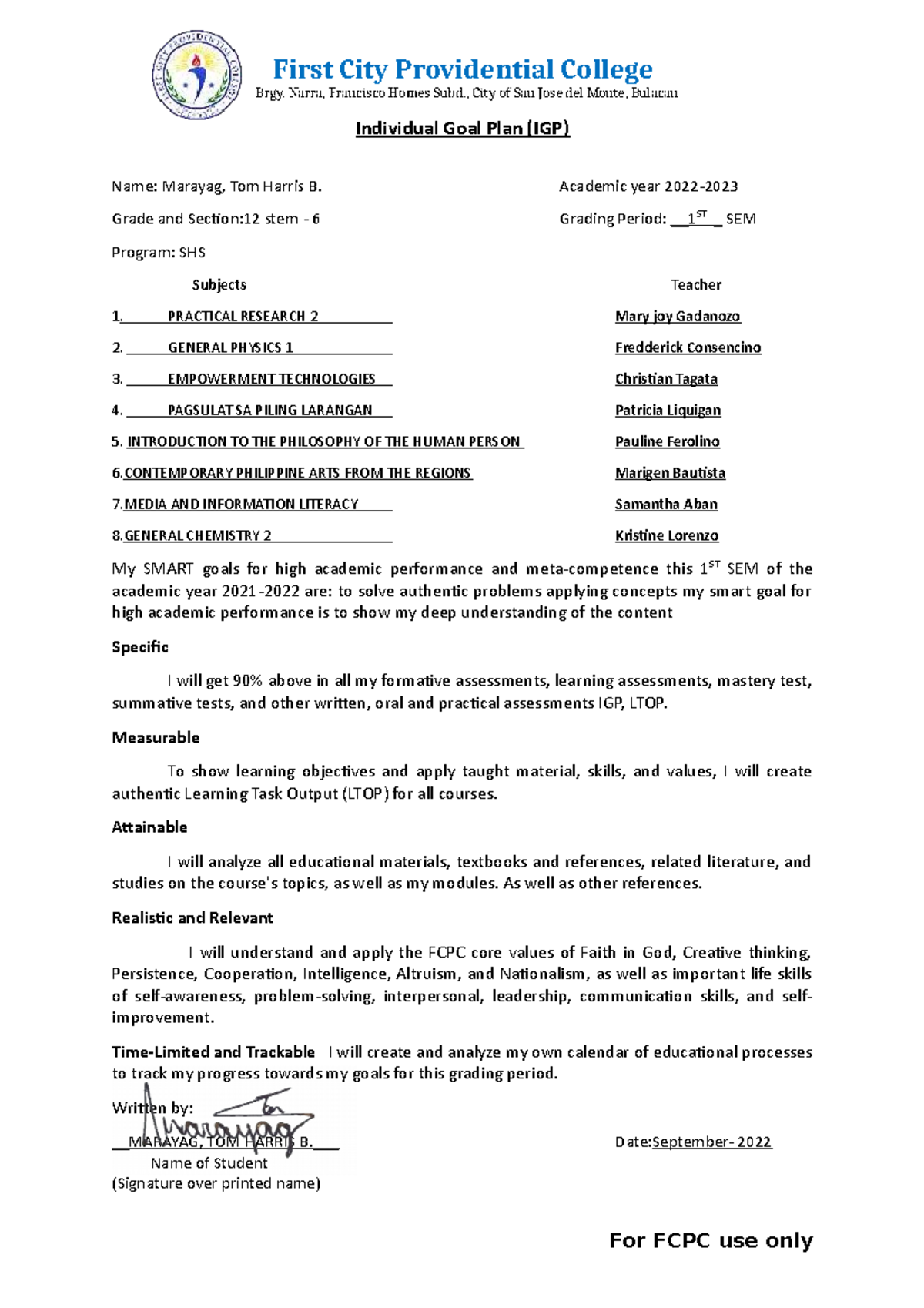 Individual Goal Plan (IGP) for 12 STEM-6: 1st Semester 2022-2023 - Studocu