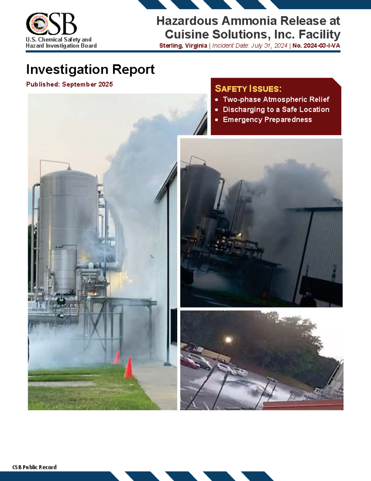 CSB Investigation Report: Ammonia Release at Cuisine Solutions, Inc ...