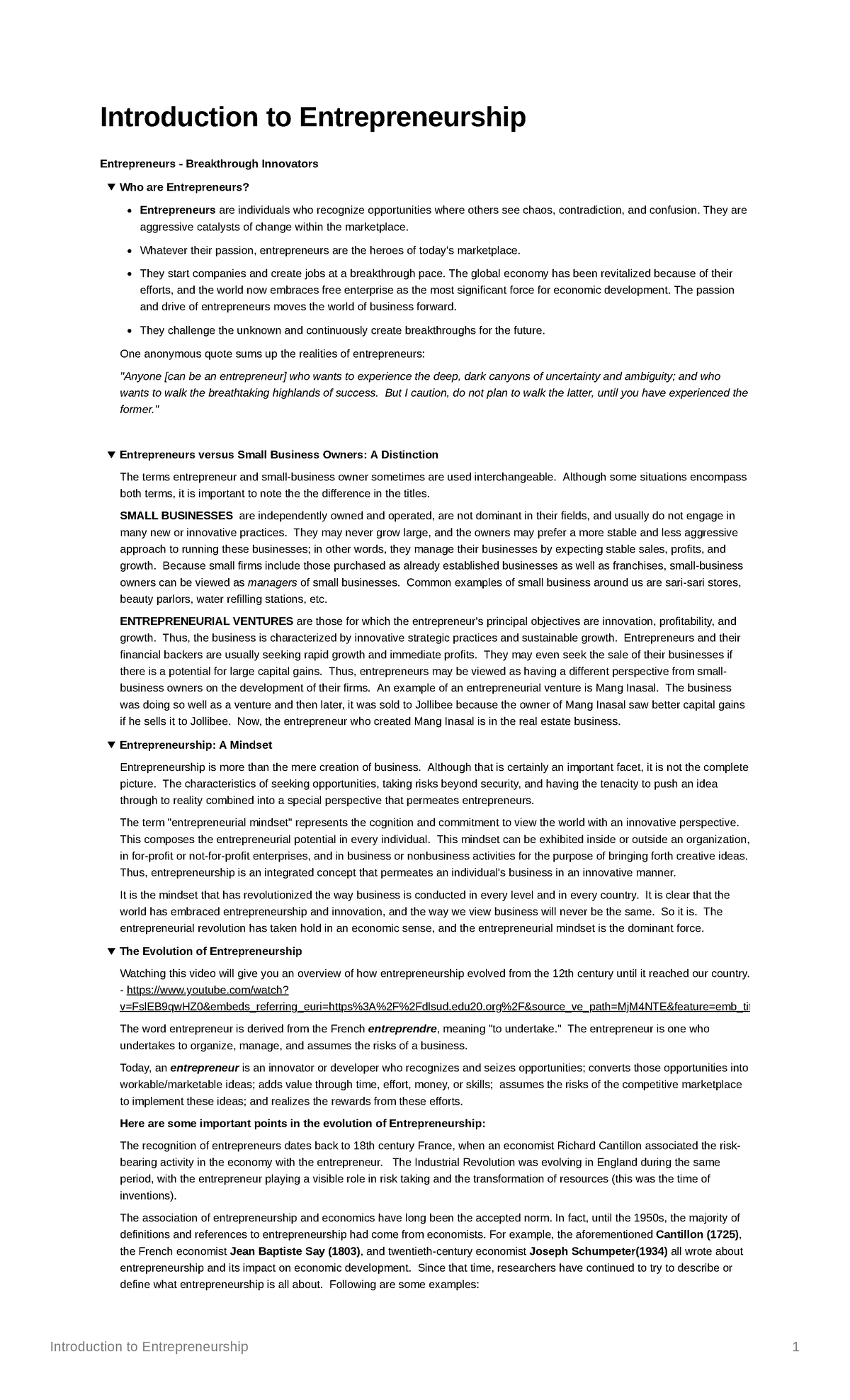 Introduction to Entrep - Introduction to Entrepreneurship Entrepreneurs ...