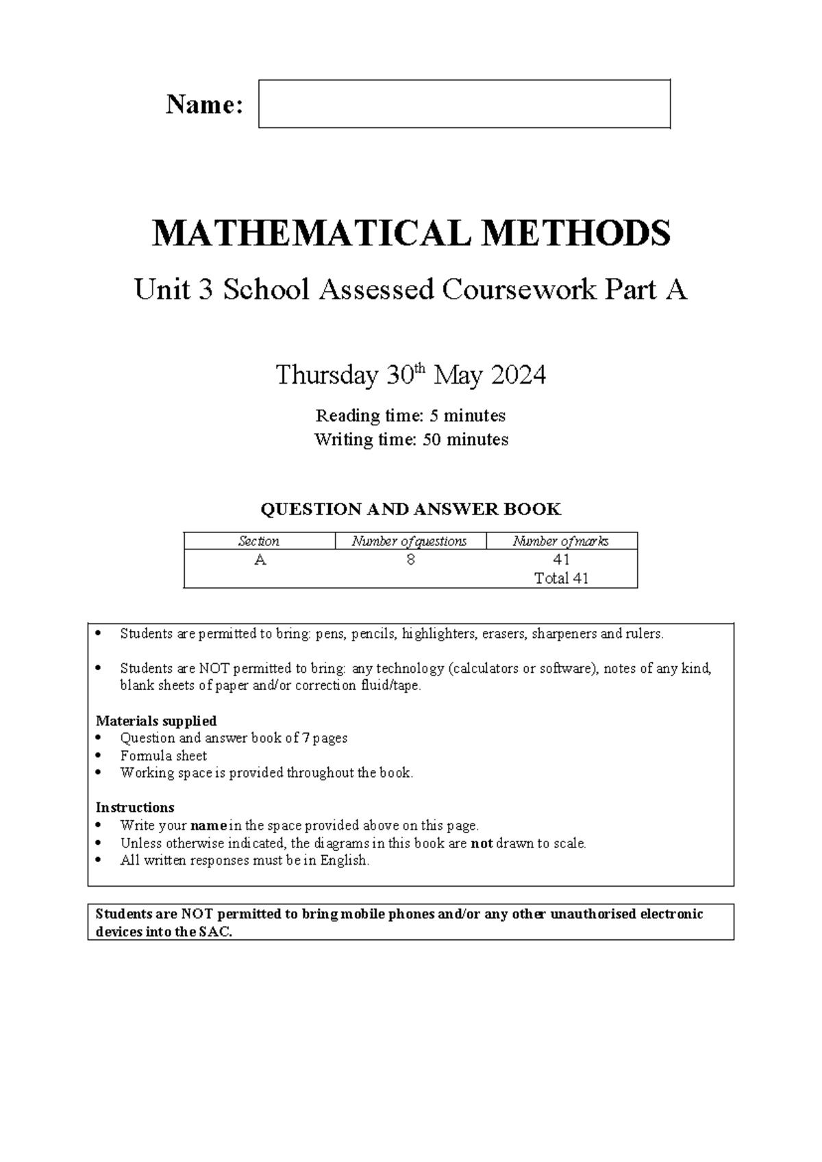 2024 MATHEMATICAL METHODS Unit 3 SAC 1A - Practice Material - Studocu