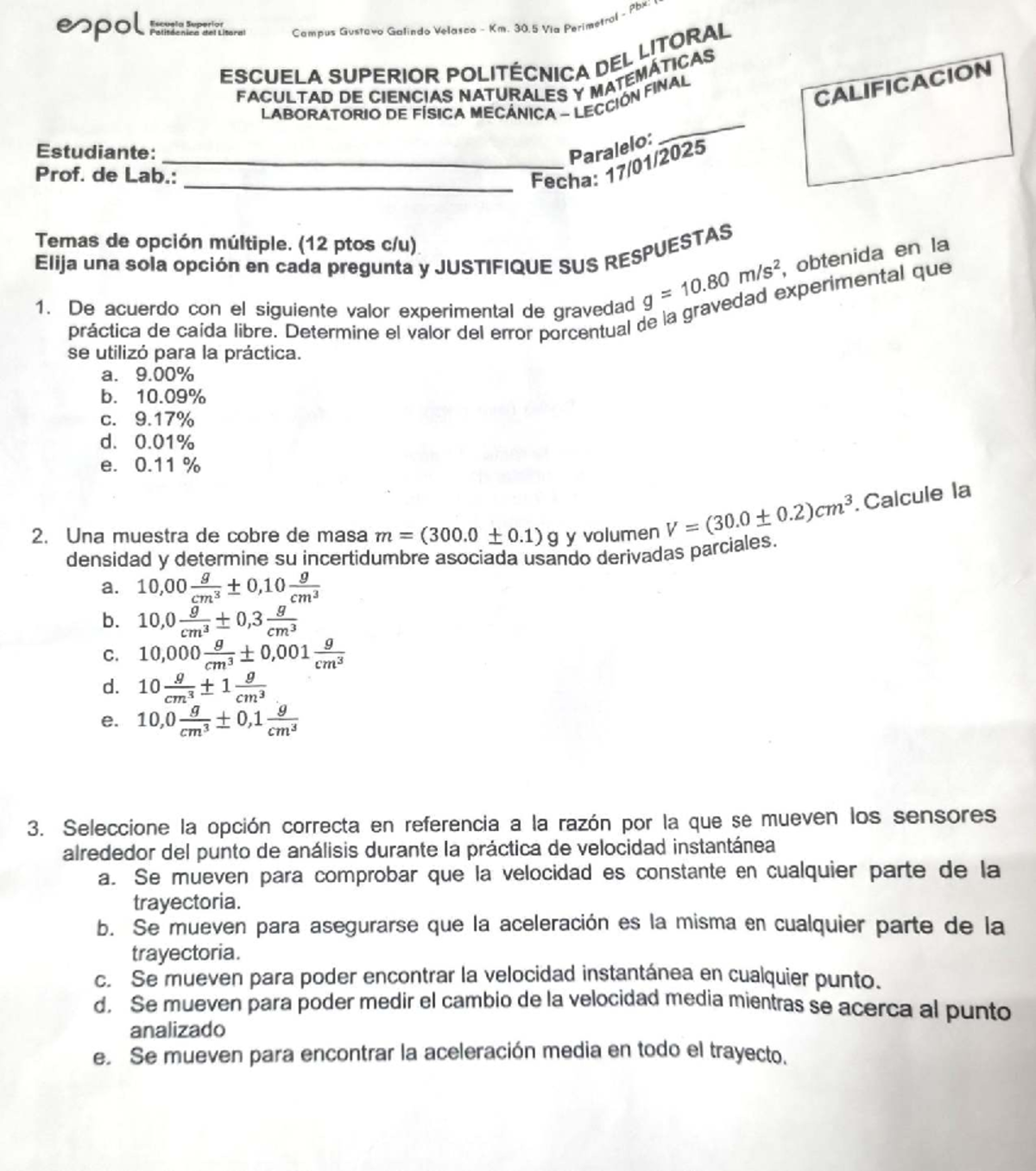 Ejemplo 1: Modelo de Laboratorio de Física Mecánica - ESPOL - Studocu