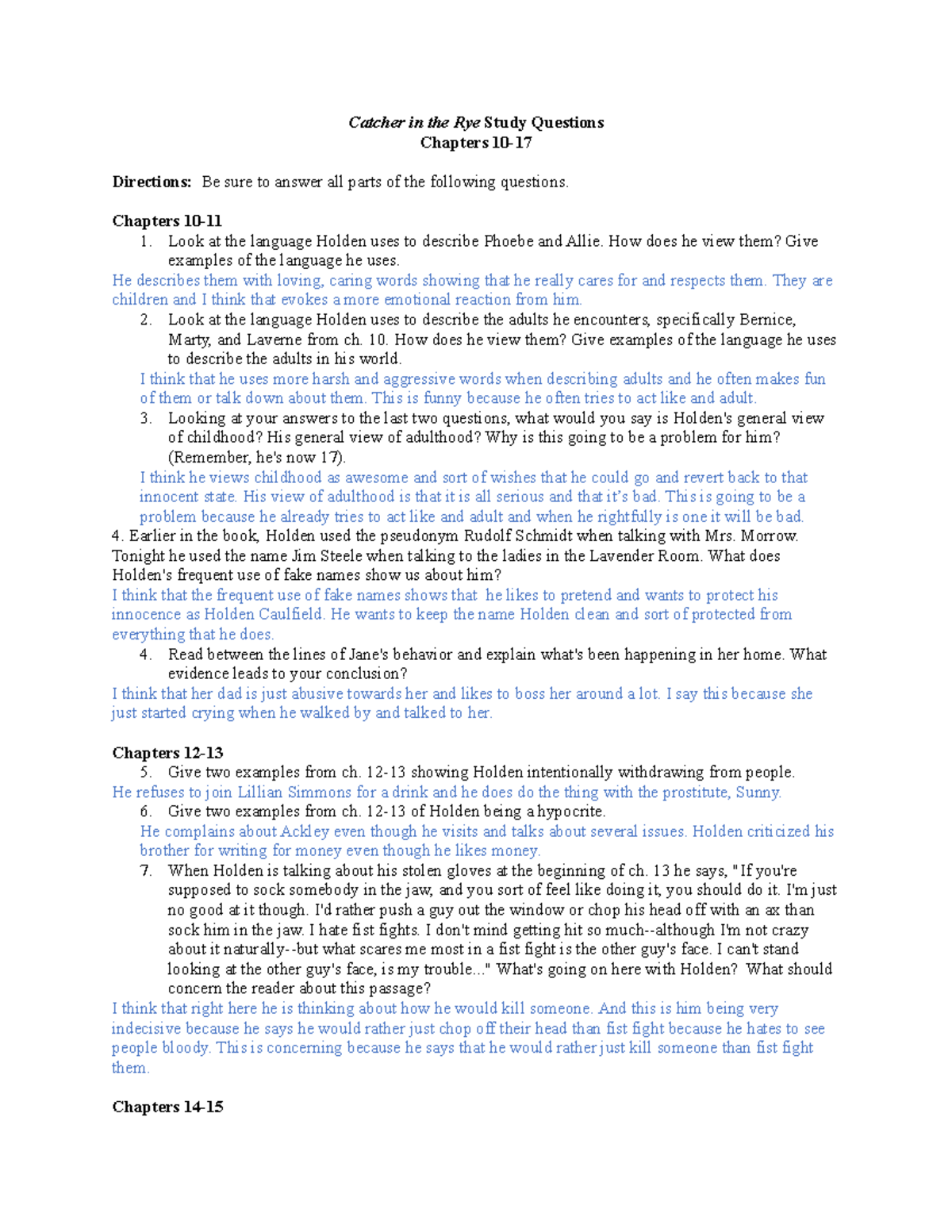 Catcher in the Rye 10-17 Study Questions copy - Catcher in the Rye ...