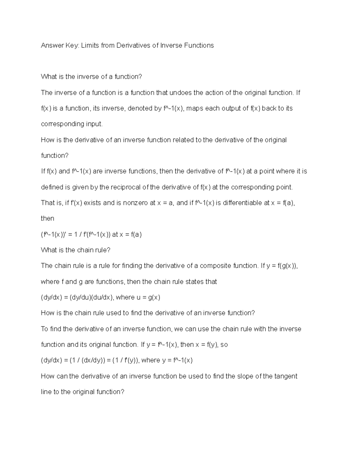 Answer Key: Limits & Derivatives of Inverse Functions - Studocu