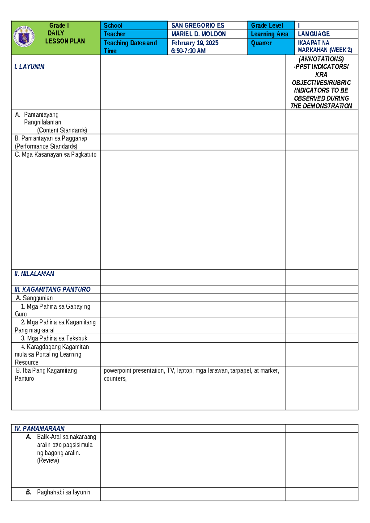 Grade I Daily Lesson Plan (DLP) for February 19, 2025 - Studocu