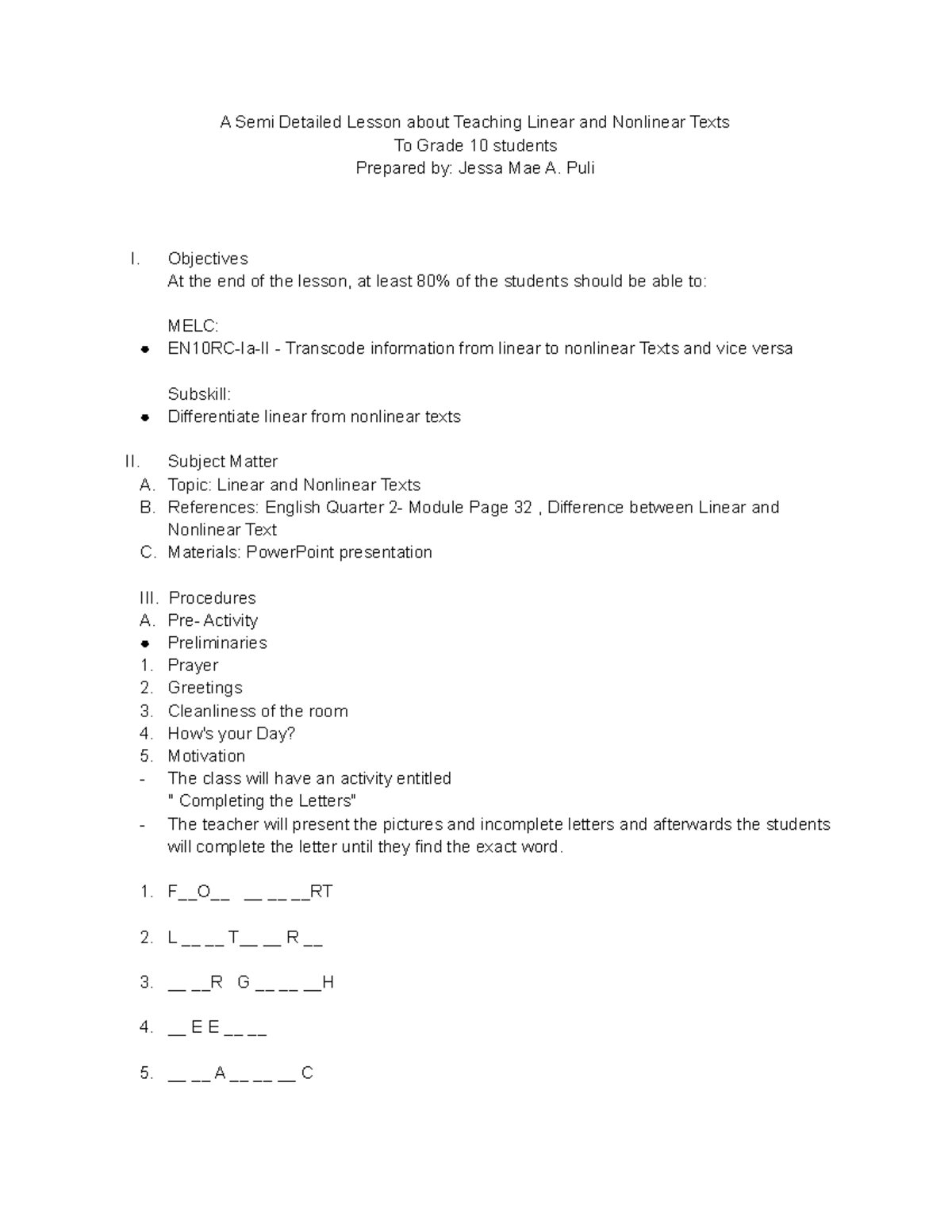 Grade 10 English Semi Detailed Lesson Plan on Linear & Nonlinear Texts ...