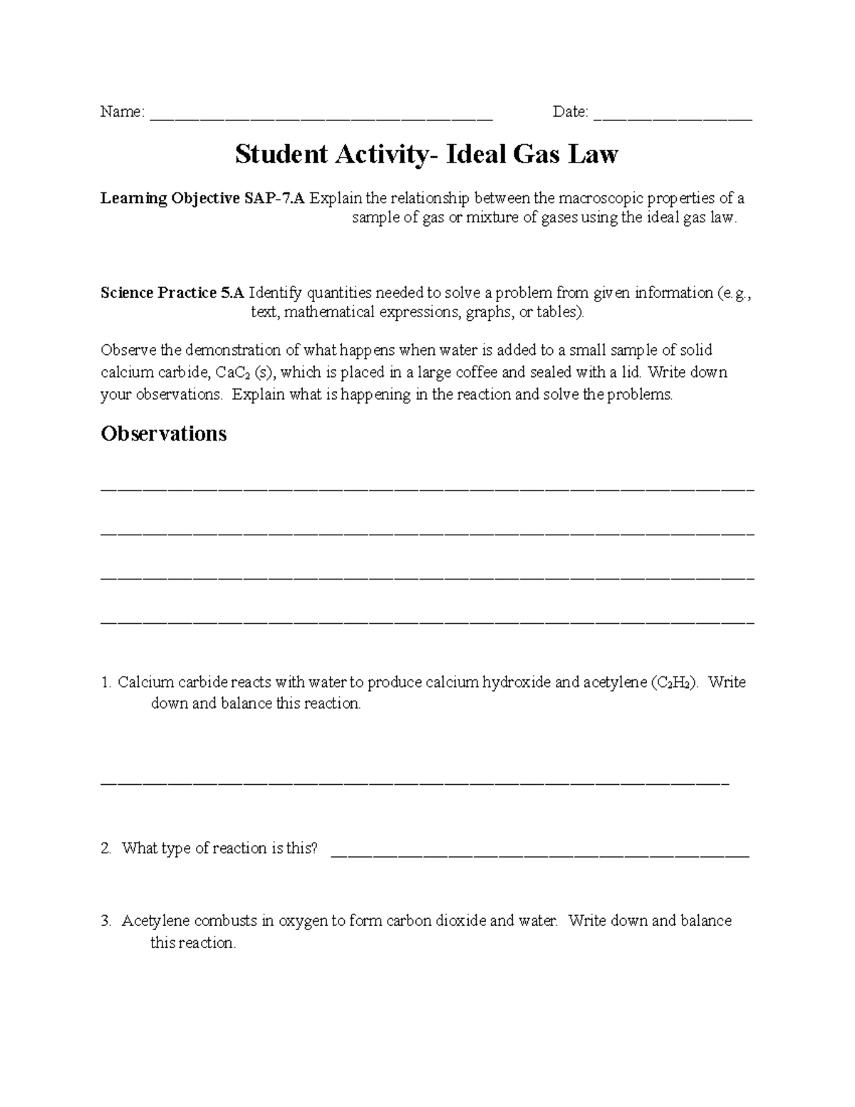 Student Activity: Ideal Gas Law & Reactions (Sci 101) - Studocu