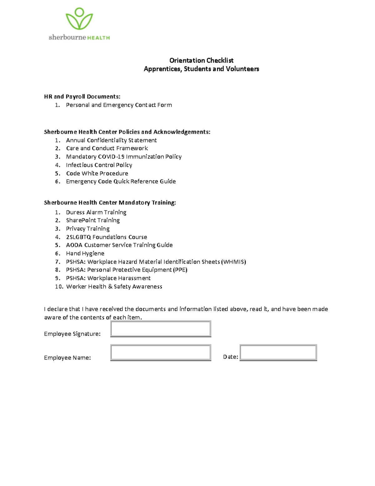 Orientation Checklist for Apprentices, Students & Volunteers - Studocu