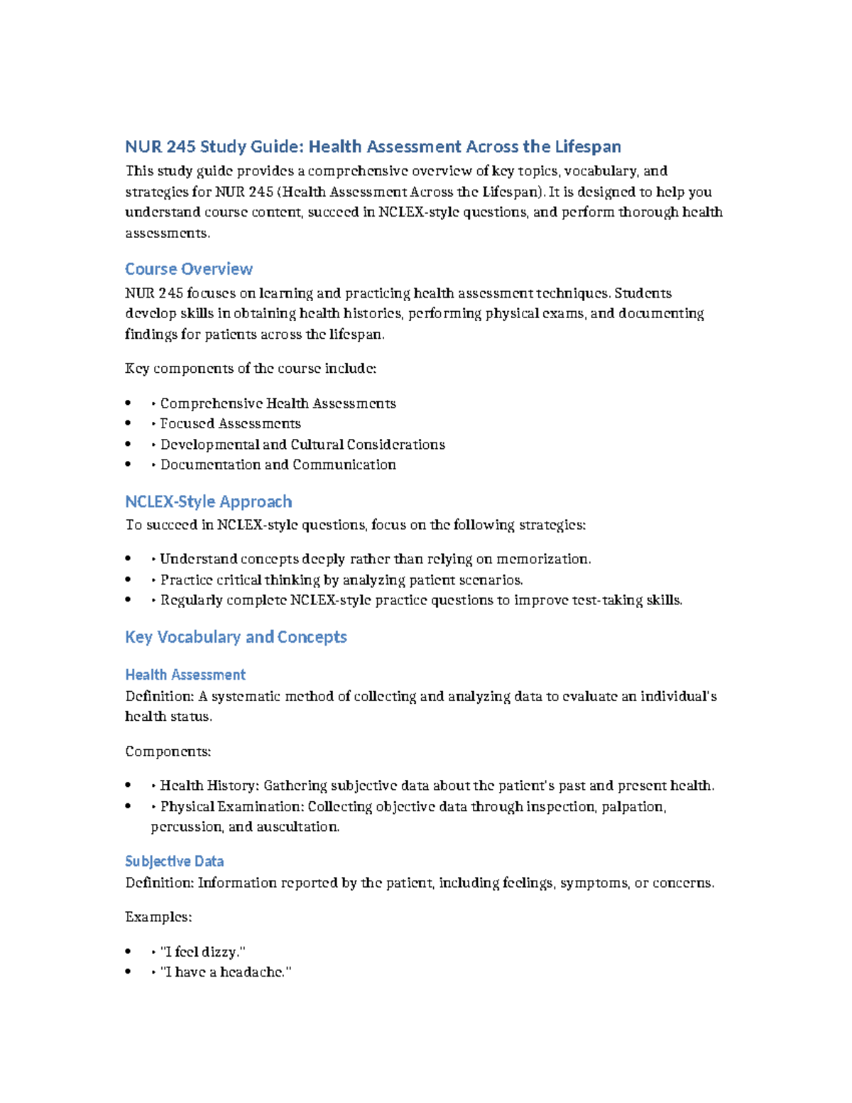 NUR 245 Study Guide: Comprehensive Health Assessment Strategies - NUR ...