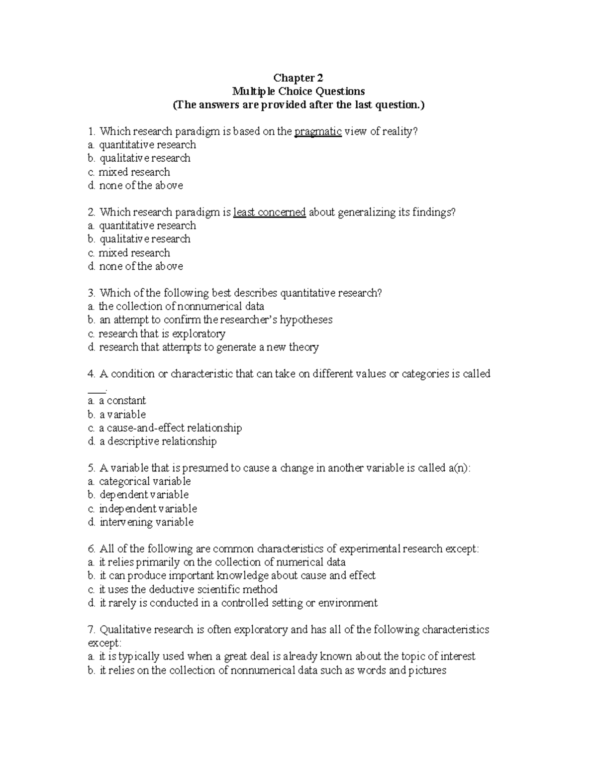Research Methods MCQs - Chapter 2 Review and Answers - Studocu