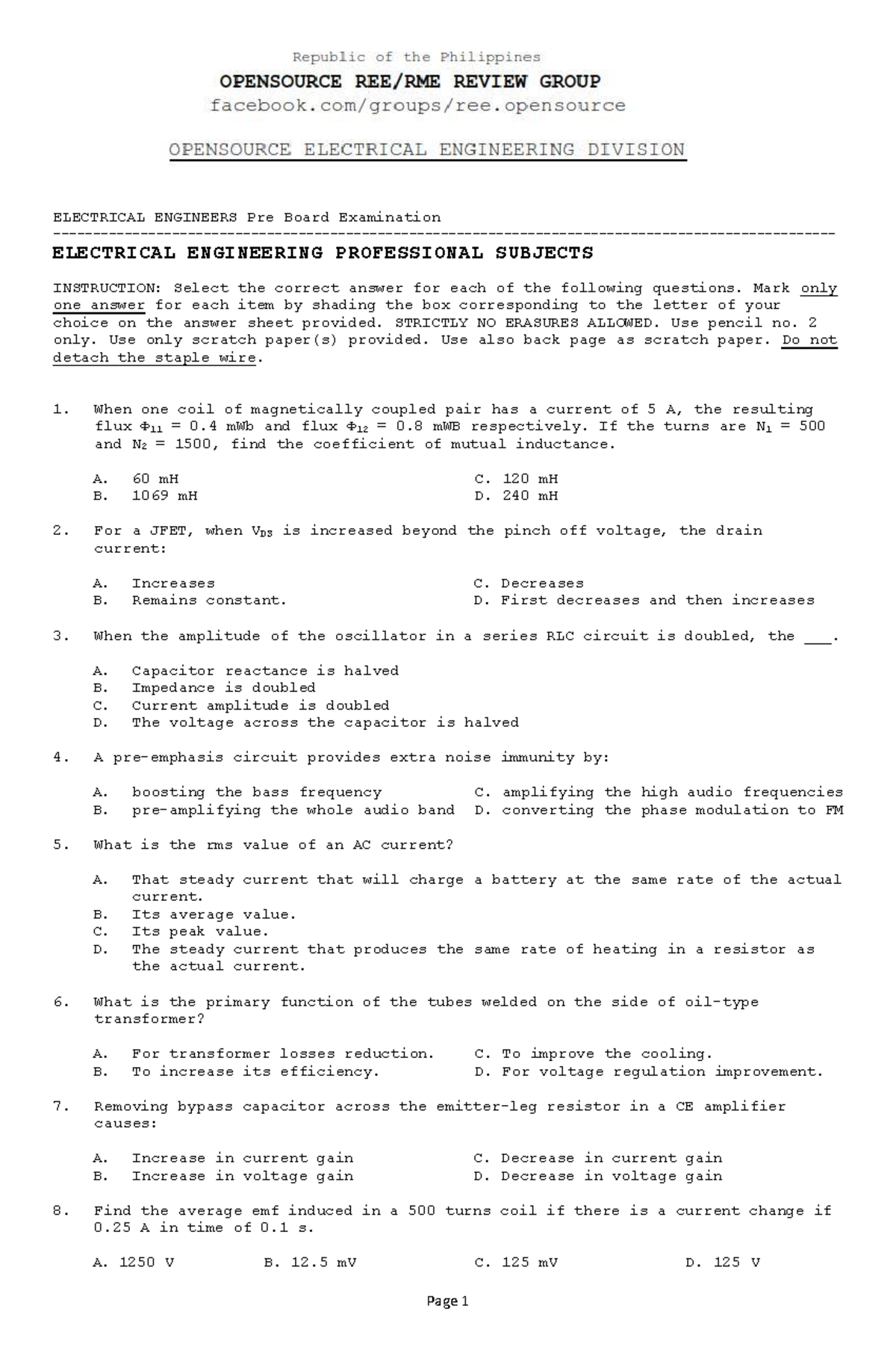 EE 101 Pre Board Exam Review: Electrical Engineering Concepts and ...