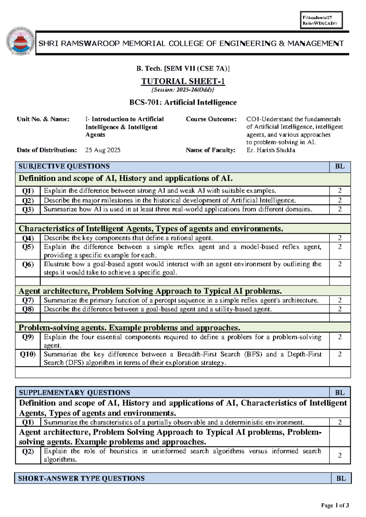 Artificial Intelligence Tutorial Questions - BCS-701 - Studocu