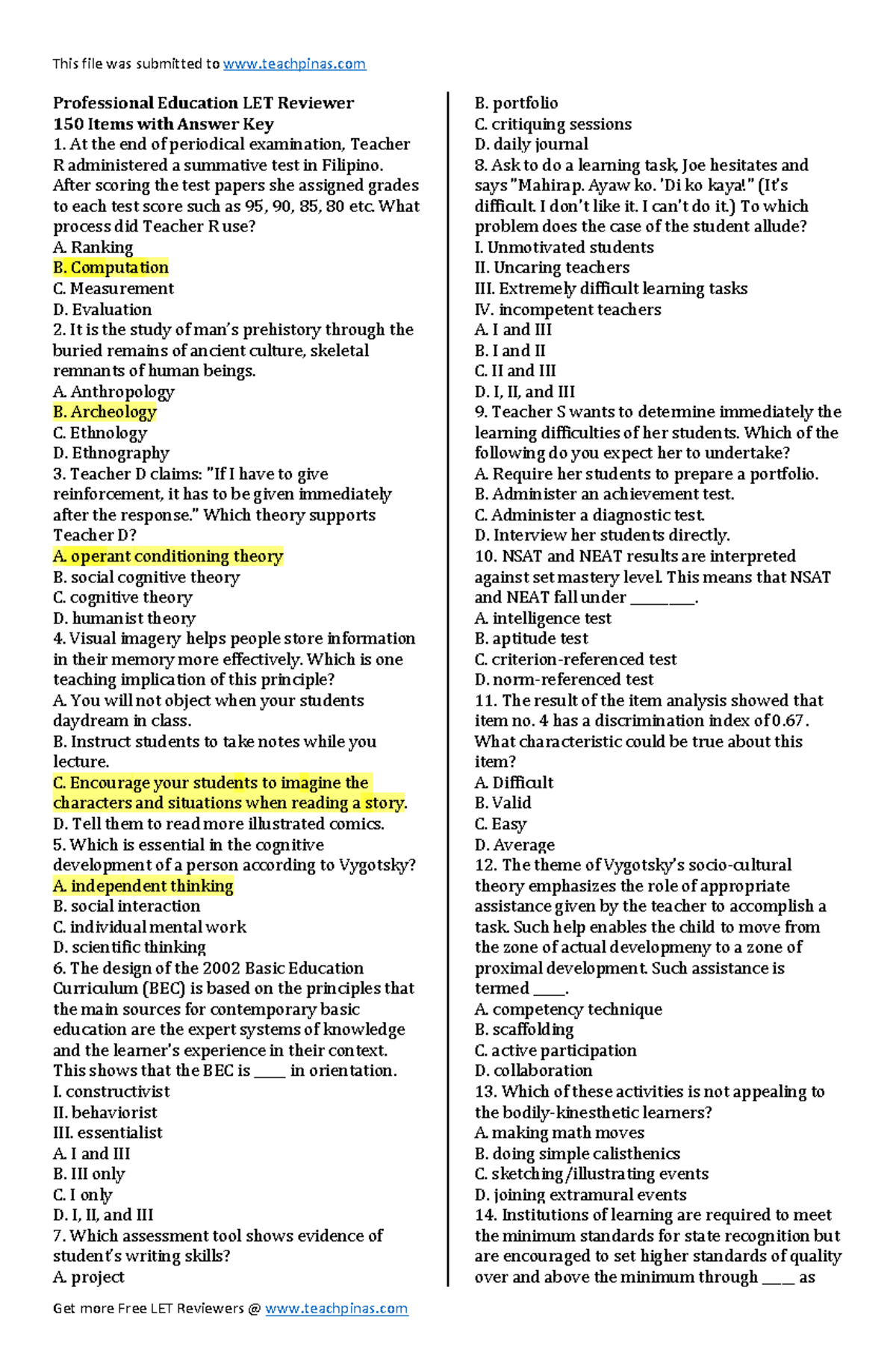 Professional Education LET Reviewer: 150 Items with Answer Key - Studocu