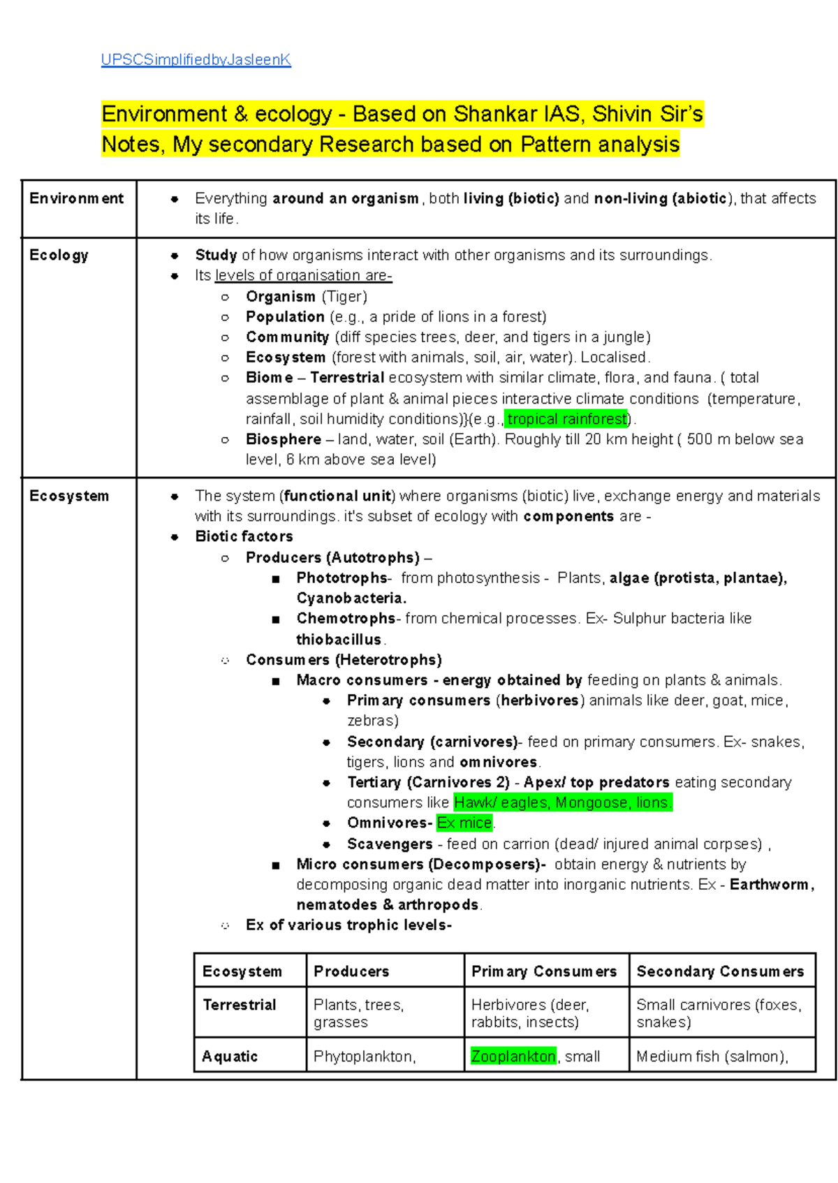 UPSC Environment Ecology Notes: Comprehensive Study Guide - Studocu