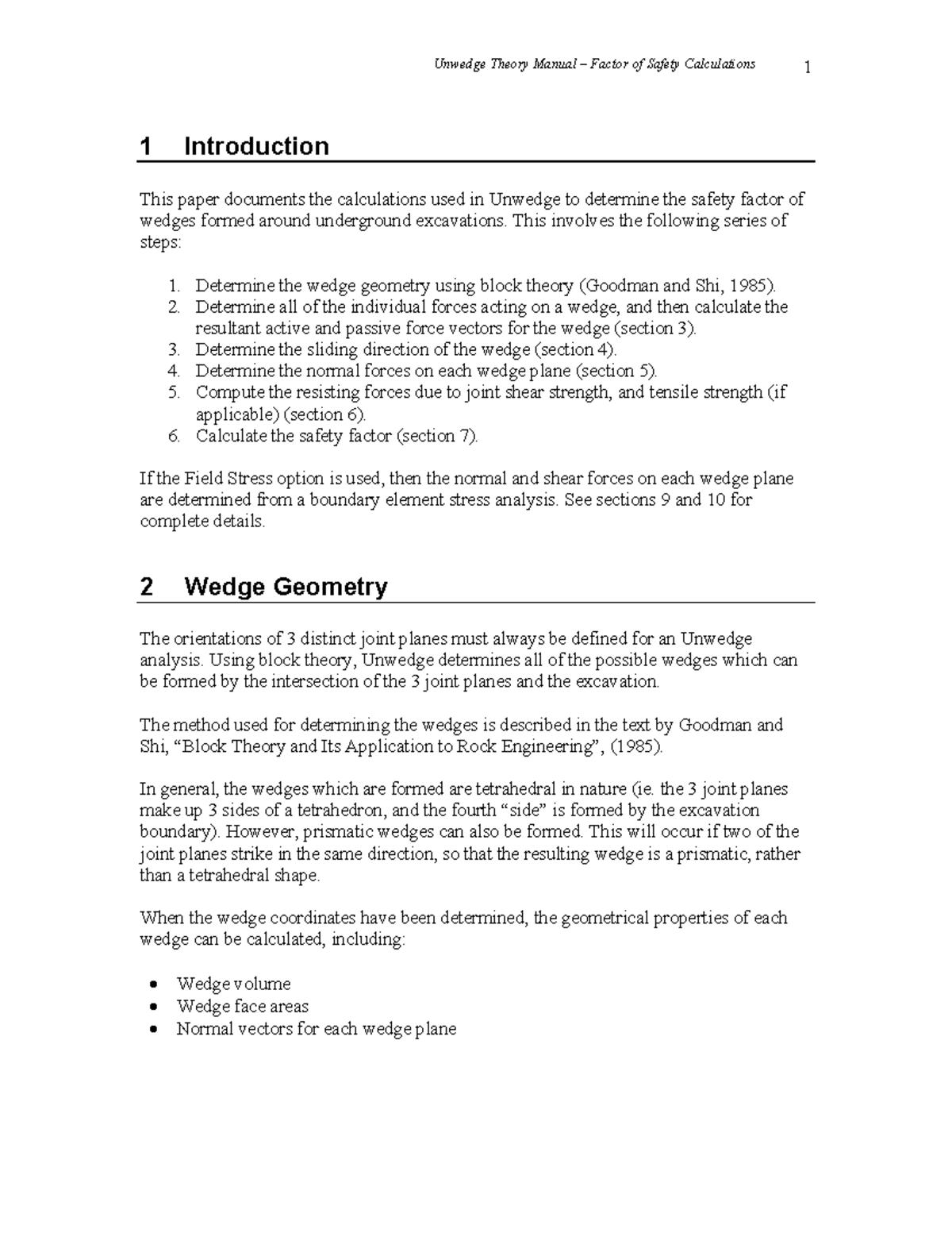 Unwedge Theory Manual: Factor of Safety Calculations (NSEGE) - Studocu