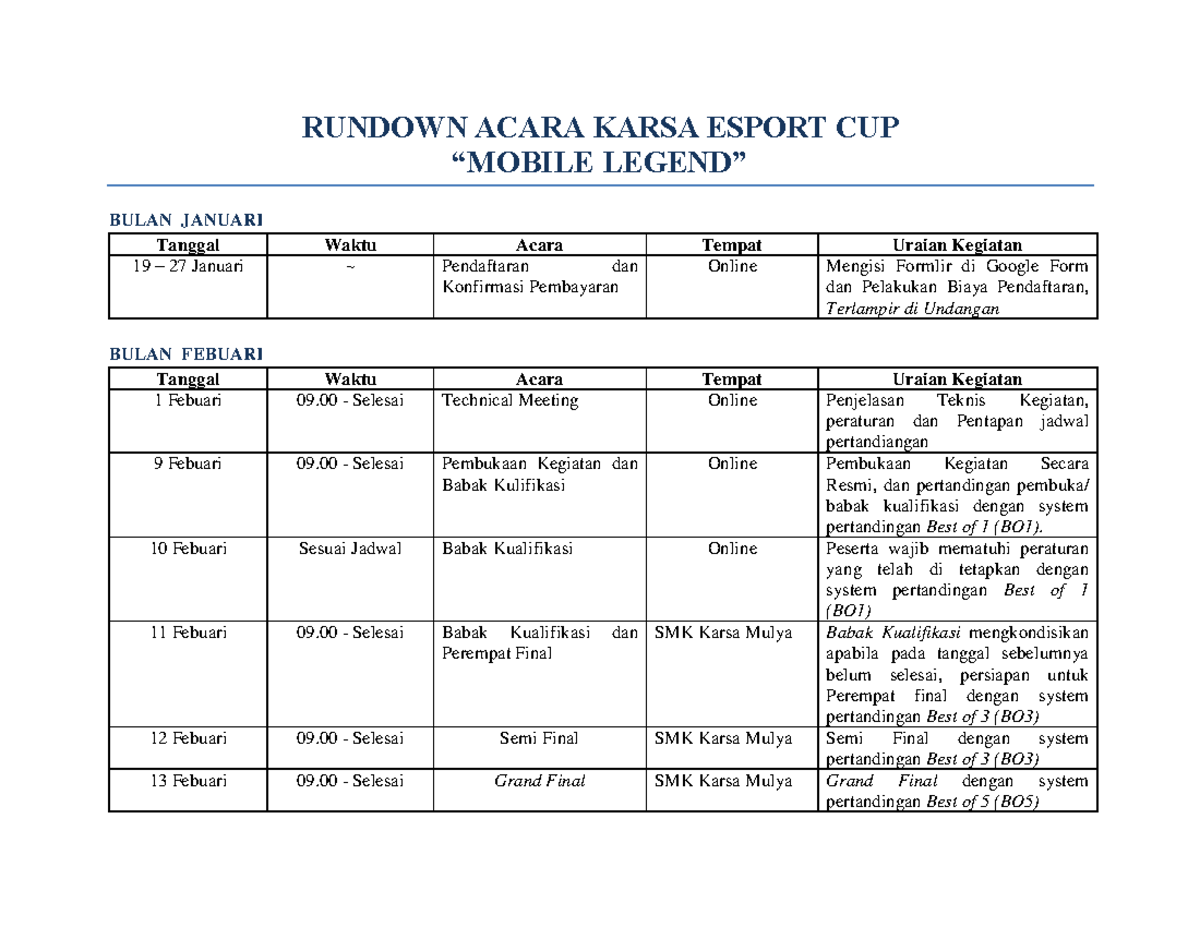 Rundown Acara Turnamen Karsa Esport Cup: Mobile Legend Januari-Februari ...