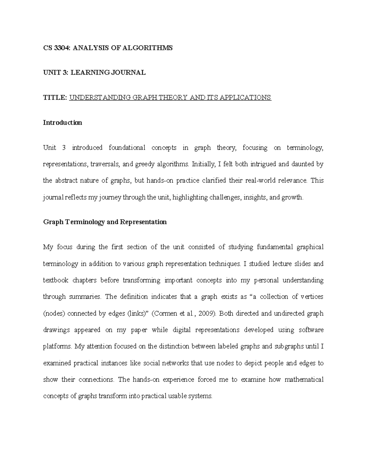 CS 3304: Learning Journal 3 - Understanding Graph Theory & Applications - Studocu