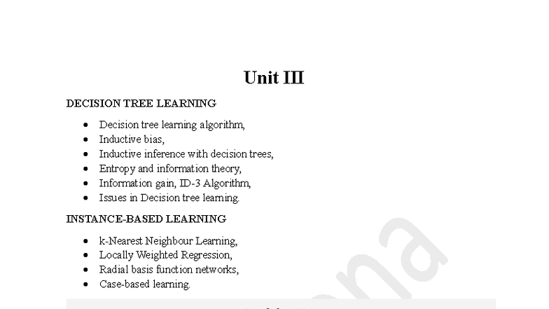 MLT Unit III - Decision Tree Learning Concepts and Applications - Studocu