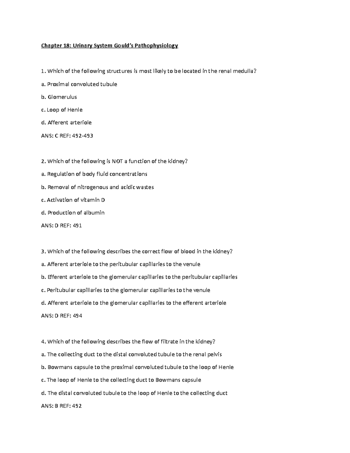 Chapter 18 Gould's Pathophysiology Test Bank - Chapter 18: Urinary ...