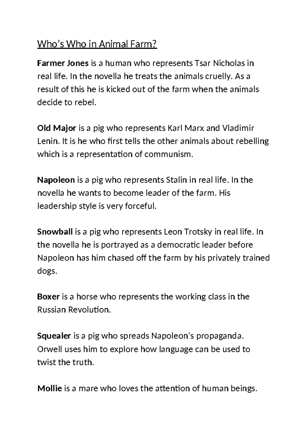 L1 - Animal Farm Character Analysis Notes - Studocu