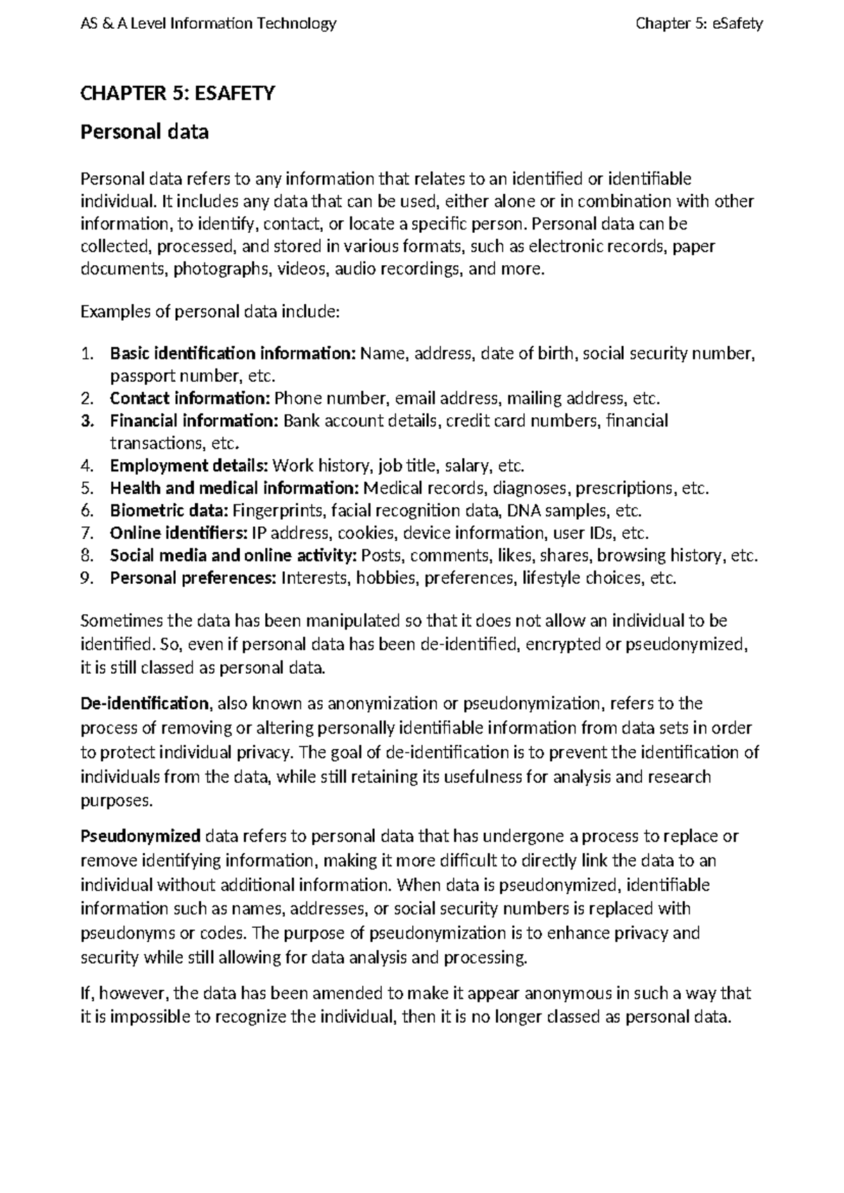 AS A Level IT Chapter 5: eSafety - Understanding Personal Data ...