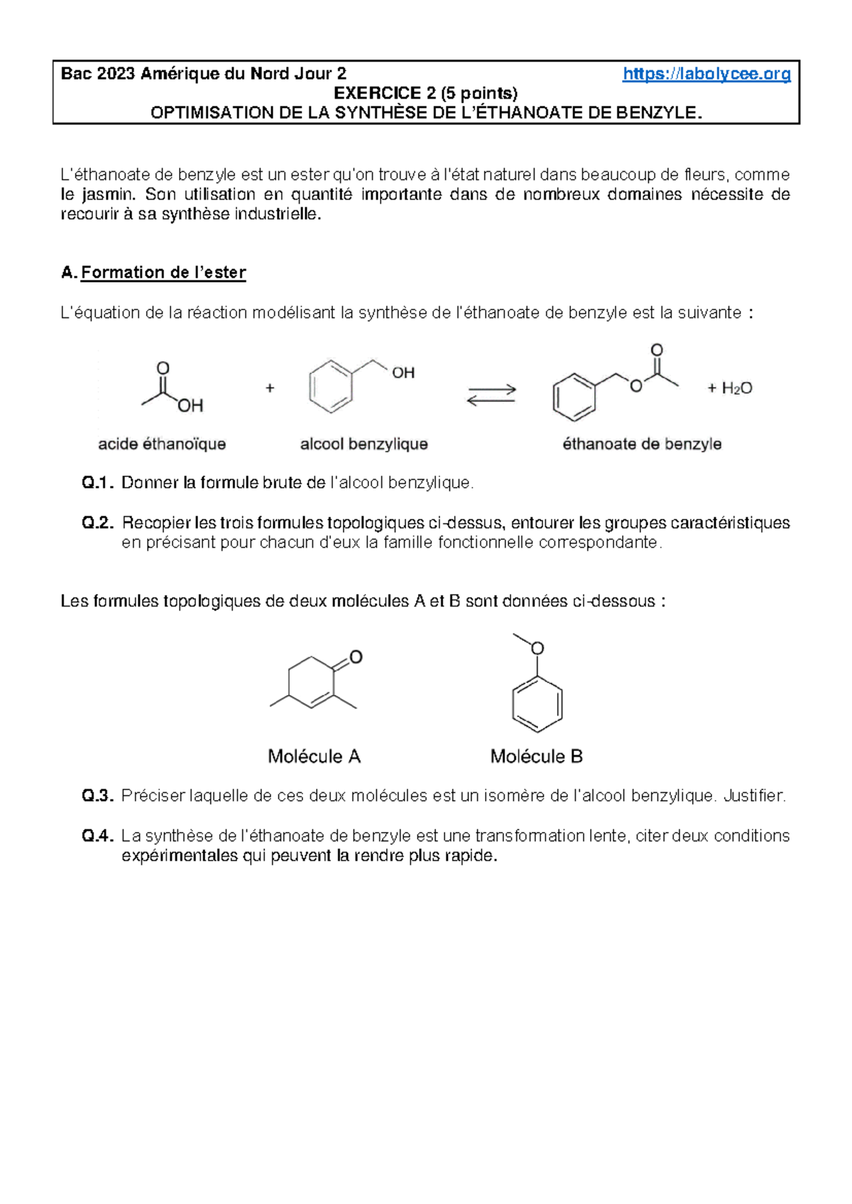 Optimisation de la Synthèse de l’Éthanoate de Benzyle - Bac 202 3 Am ...