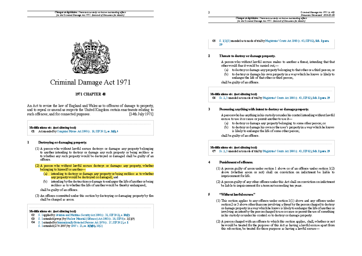 Criminal Damage Act 1971: Key Provisions and Amendments Overview - Studocu